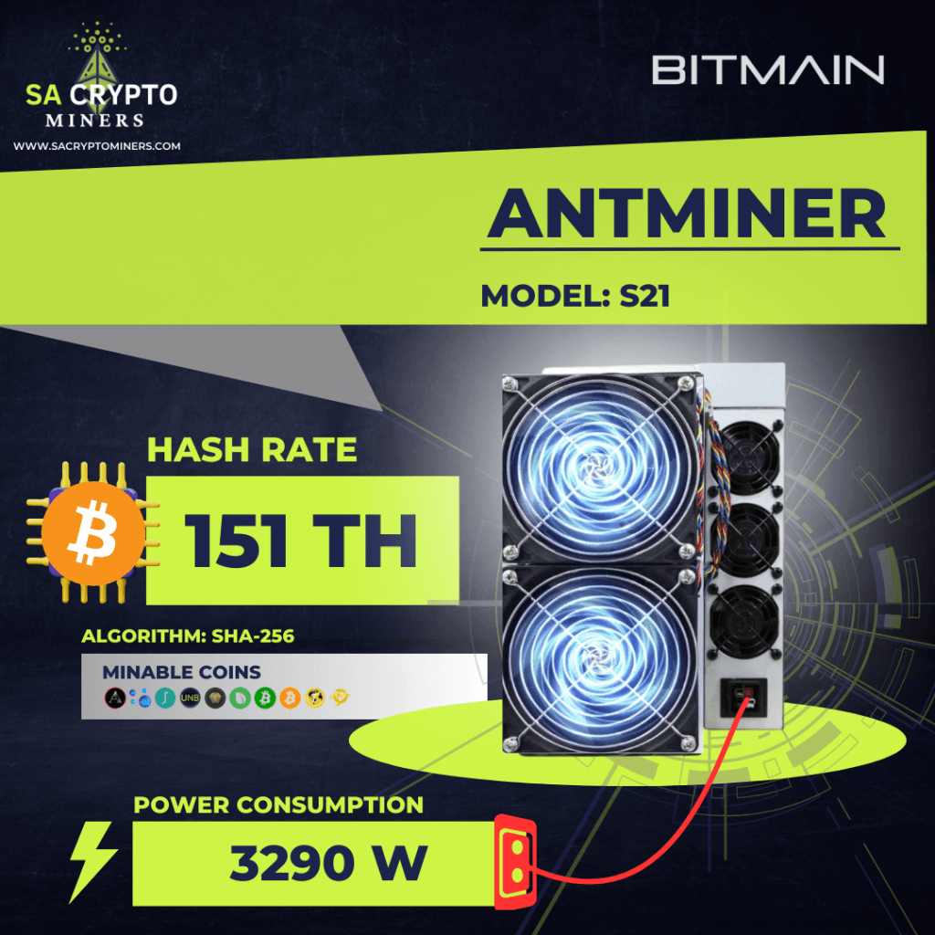 New Bitmain Antminer S21 Bitcoin Miner 151TH - SA Crypto Miners